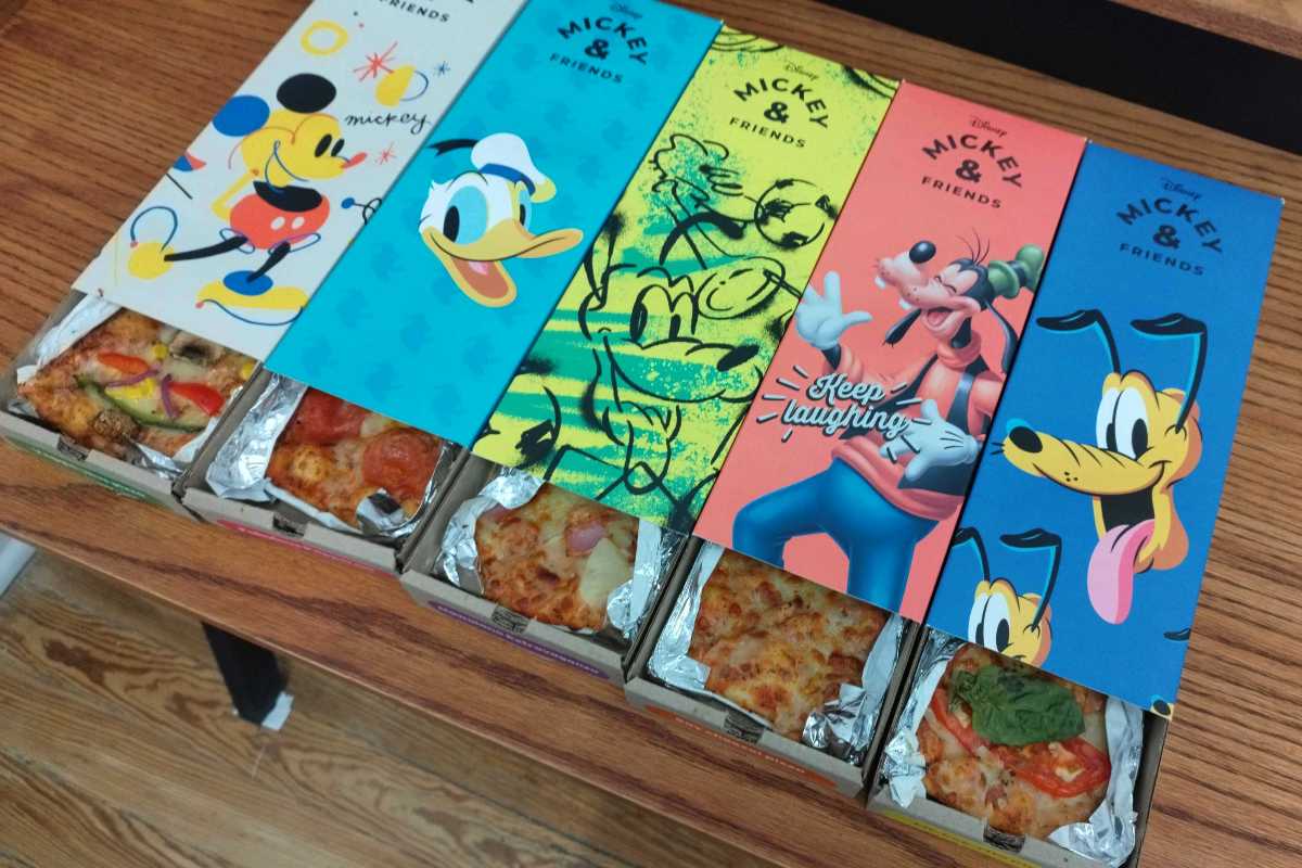 Drop pizzas come in Mickey Mouse-themed packaging.