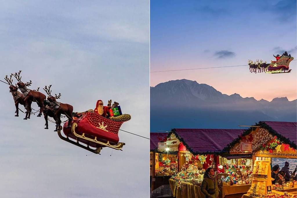 Christmas market, Santa takes to the skies in a sleigh
