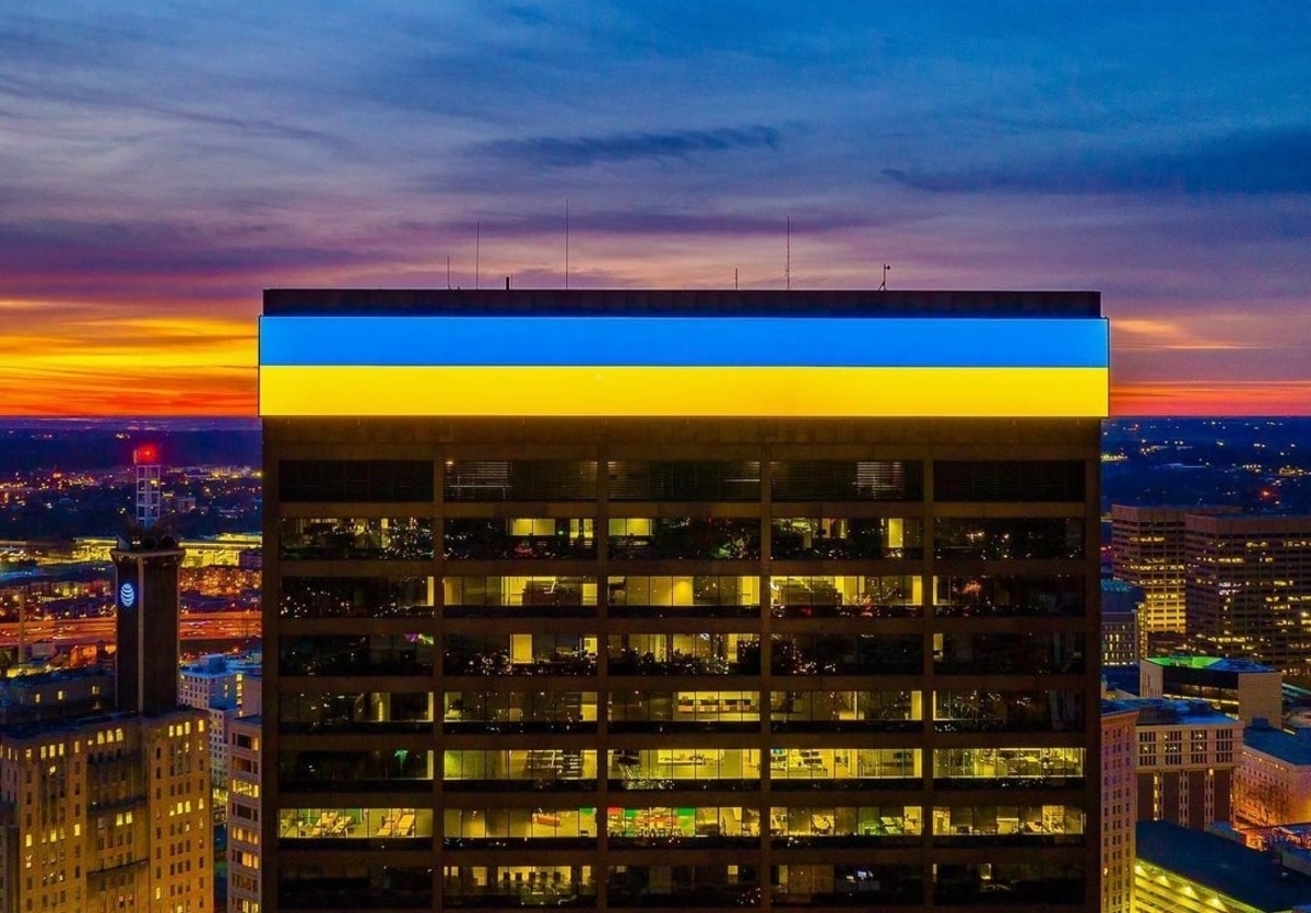 PHOTOS: Atlanta's Skyline Illuminated Blue & Yellow In Support Of Ukraine