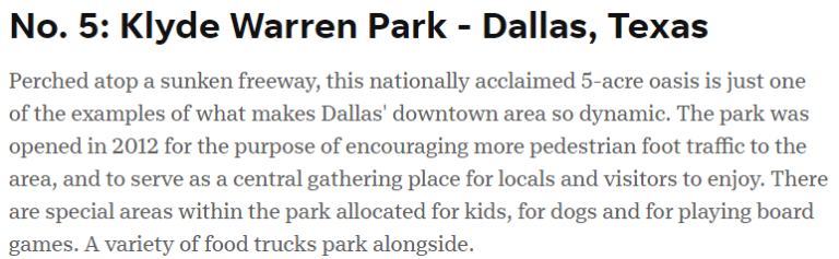 Klyde Warren Park Has Been Voted In Top 5 City Parks In The US