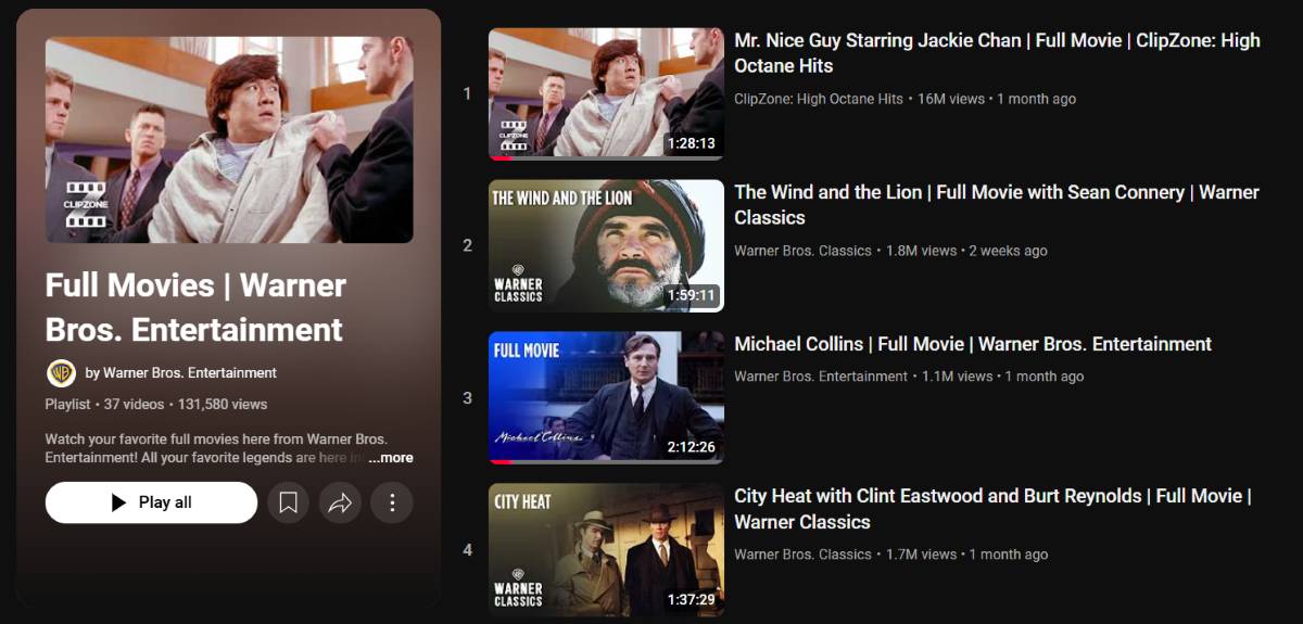 Warner Bros. a mis en ligne plus de 30 longs métrages gratuits sur YouTube