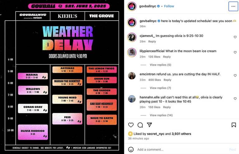 Gov Ball Weather Delay Announced For Saturday, June 7th