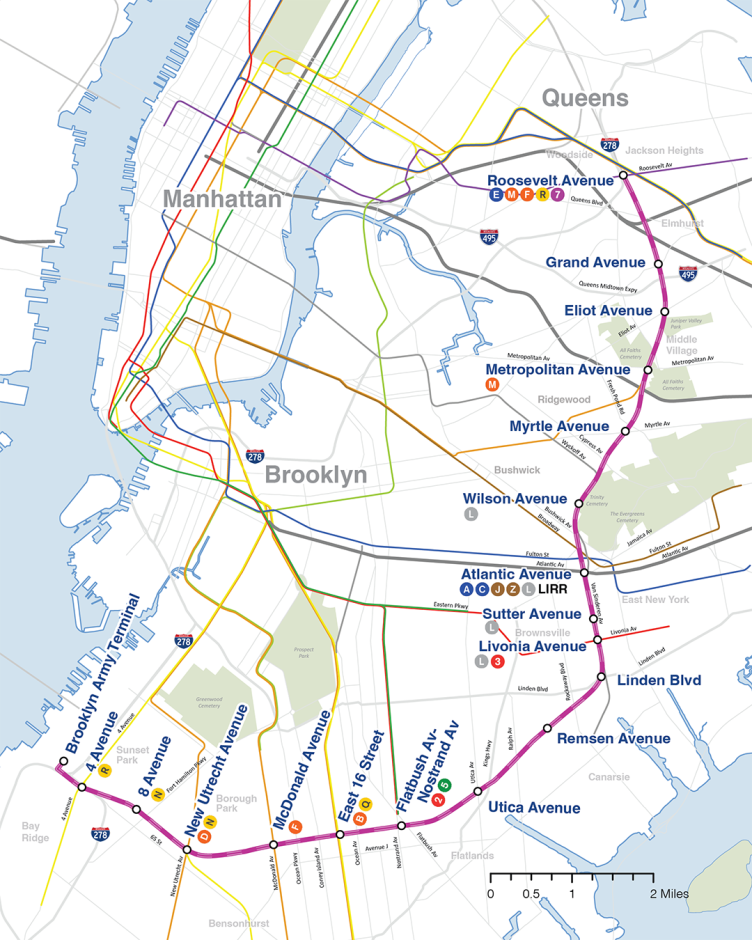 De IBX Light Rail, die 17 metrolijnen tussen Brooklyn en Queens met ...